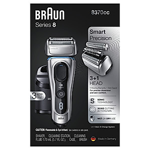 Braun Series 8 8370cc Next Generation, Electric Shaver, Rechargeable & Cordless Razor, Silver, with Clean & Charge Station & Fabric Travel Case