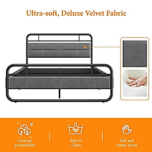 Yaheetech Queen Size Bed Frame, Heavy Duty Metal Platform Bed with Curved Upholstered Headboard, 8.7 Inch Under-Bed Storage/Steel Slat Support/Noise Free/No Box Spring Needed/Easy Assembly/Dark Grey