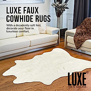 Luxe Faux Cowhide Rug for Rustic and Western Decor | Low Pile Faux Fur Rug with Off White Cow Print | Cruelty-Free Fade Resistant Living Room Rugs | 4-1/4 x 5 ft