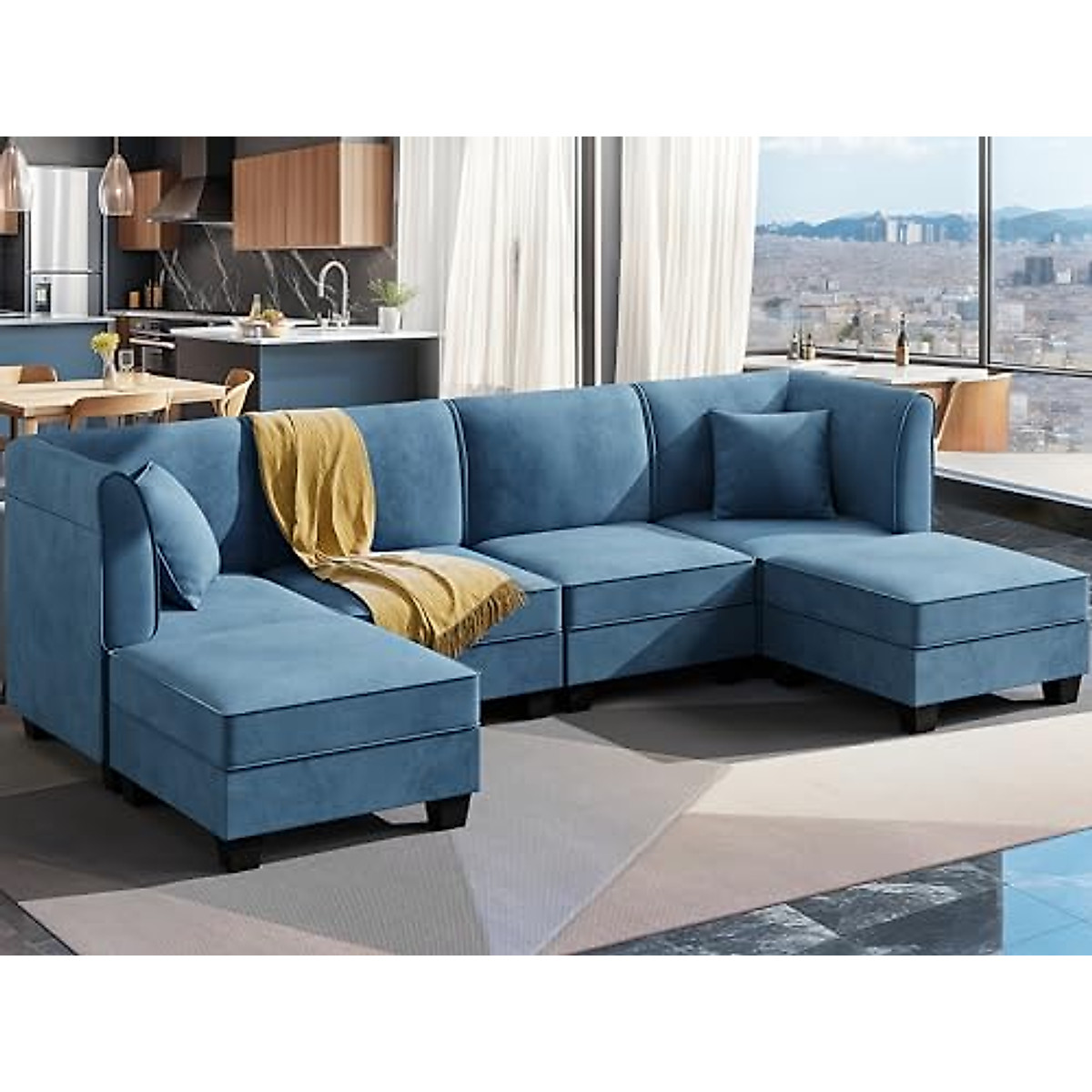 JAMFLY 116'' Modular Sectional Sofa with Reversible Chaise, U-Shape Convertible Sectional Sofa Couch with 6 Seats, Velvet Modern Sleeper Modular Couch with Ottomans for Living Room