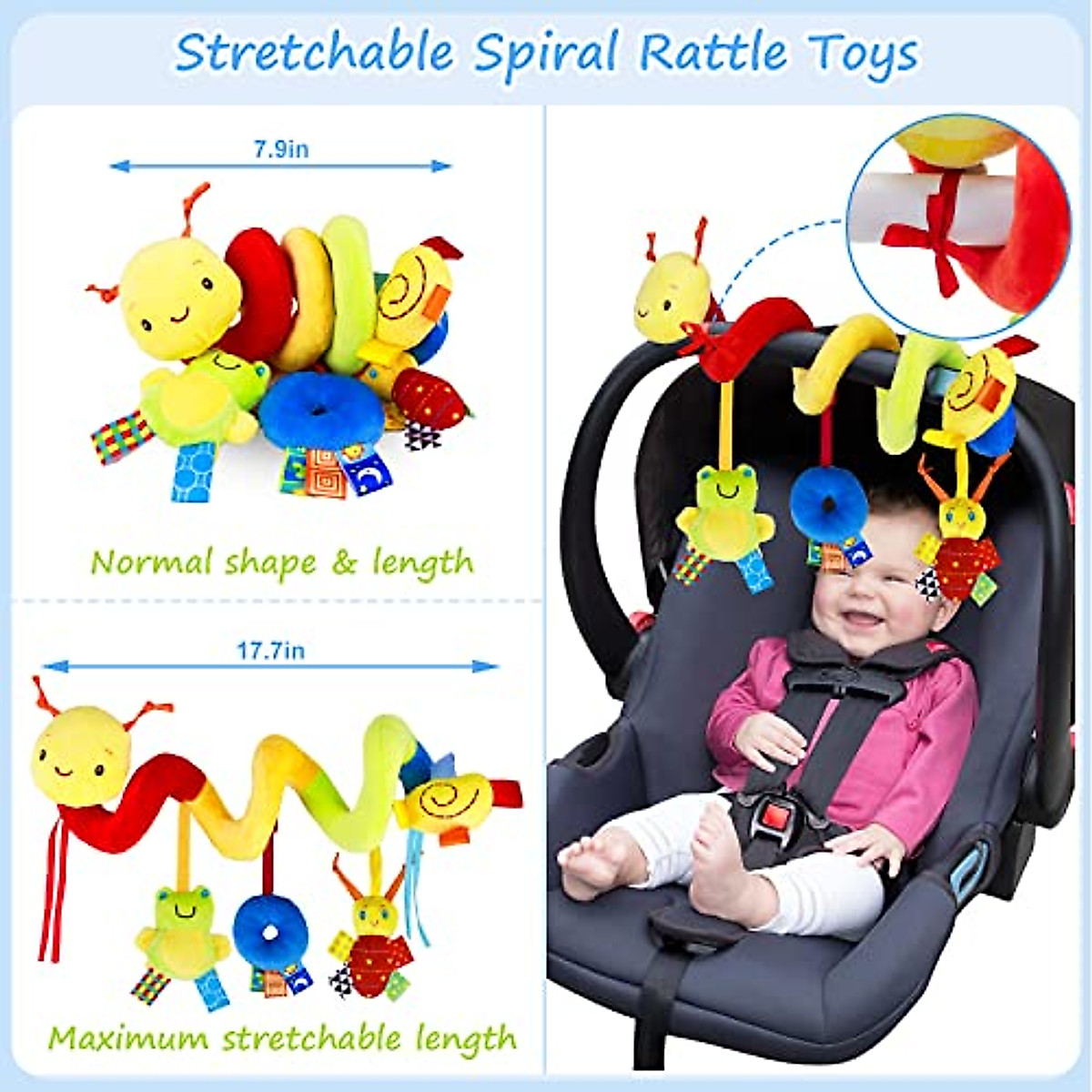 Baby Crib Hanging Rattles Toys - Infant Baby Worm Crib Bed Around Rattle Bell Cartoon Insect Spiral Hanging Toy with Ringing Bell for Infants Bed Stroller Car Seat Bar for Babies Boys and Girls