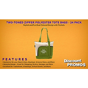 24 Zipper Polyester Tote Bags Set - Customizable Text, Logo - Two-tone, Zipper Closure, Pen Loop - Lime Green