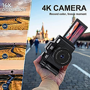 Monitech Digital Camera for Photography and Video, 4K 48MP Vlogging Camera for YouTube with 180° Flip Screen,16X Digital Zoom,32GB TF Card, 2 Batteries