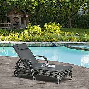 Outsunny Wicker Outdoor Chaise Lounge, 5-Level Adjustable Backrest PE Rattan Pool Lounge Chair with Wheels, Cushion & Headrest, Mixed Gray and Charcoal Gray