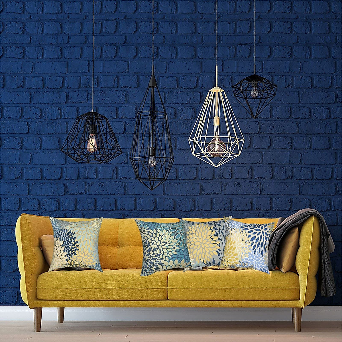 Set of 4 Throw Pillow Covers 18x18 Inch Floral Blooms Modern Abstract Flower Throw Pillow Covers Home Pillowcases Garden Blue Yellow Gray Flowers Dark Teal Yellow Cushion Case Decorative Pillowcases