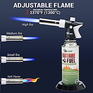 Jo Chef Pro Butane Torch Lighter - Refillable Butane Torch Head, Small Butane Torch with Safety Lock & Adjustable Flame - Culinary Blow Torch, Creme Brulee Torch, Baking, Included 2 Butane Canisters