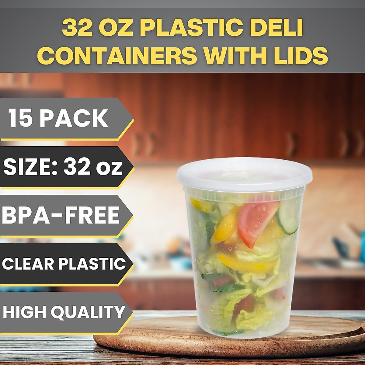 Smygoods 32oz Plastic Deli Containers with Lids - 15 Pack - BPA Free - Leakproof - Stackable - Microwave and Freezer Safe - Clear - Lunch Containers for Food Storage