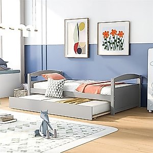 LLS Twin Size Daybed with Trundle, Solid Wood Daybed Frame with Headboard and Footboard, Space Saving Platform Bed Sofa Bed with Sturdy Slats Support, No Box Spring Needed, Gray