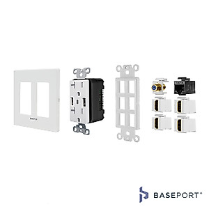 BASEPORT Premium Media Outlet Wall Plate - 6.3A USB Wall Outlet 2 USB A 2.0 + 1 USB C 3.0, 20A Dual Power Outlet, 4 HDMI Keystone Jack, Coaxial + Cat6 Rj45 Ethernet Outlet - White Dual Gang Face Plate