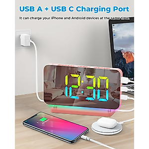 SZELAM Alarm Clock for Bedroom,7.4" Mirror Digital Clocks Large Display,with RGB Night Light, USB C Charger Port,Auto Dimming,LED Desk Clock for Kid Teen Girl Adults Room - Pink
