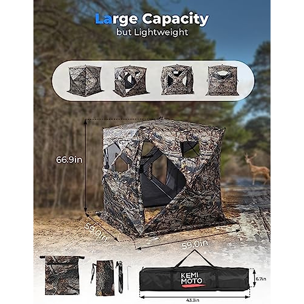 KEMIMOTO Hunting Blind 2-3 Person, See Through Ground Blind 270 Degree Pop Up, Portable Camo Tent for Deer & Turkey Hunting