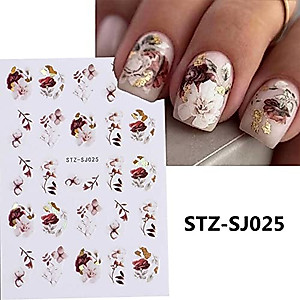 JMEOWIO 12 Sheets Spring Flower Nail Art Stickers Decals Self-Adhesive Pegatinas Uñas Leaves Pink Nail Supplies Nail Art Design Decoration Accessories