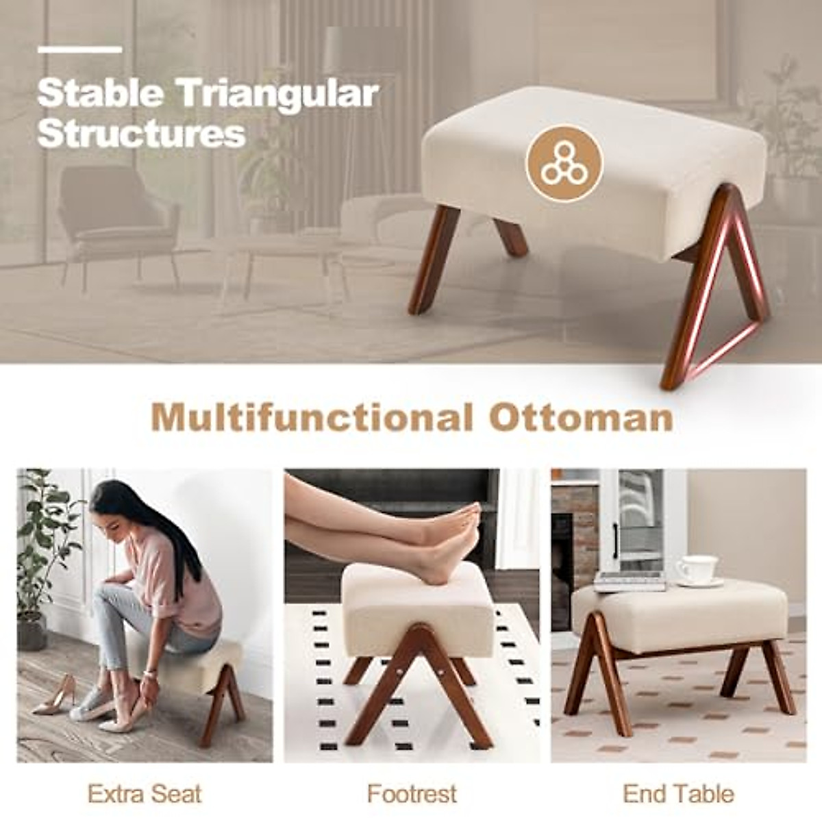 Upholstered Rocking Chair with Ottoman and Solid Rubber Wood Frame and Padded Cushion, Comfortable Rocker Solid Wood for Living Room (Beige)