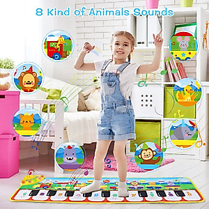 Fixget Musical Mat, Kids Piano Keyboard Play Mat with 8 Animal Sounds, Children Electronic Music Blanket Touch Playmat Floor Piano Dance Mat Early Education Toys Gifts for Toddlers Baby Boys Girls