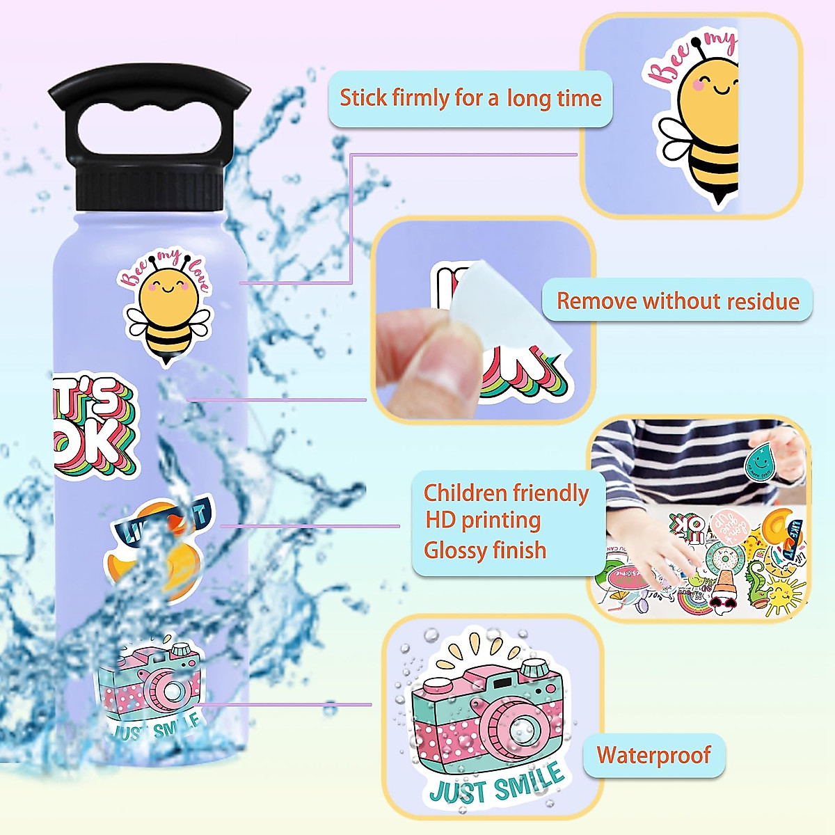 145Pcs Water Bottle Stickers for Girls Teens Kids Waterproof Inspirational VSCO Vinyl Stickers for Laptop Skateboard Aesthetic Trendy Cute Word Stickers School Reward Decals