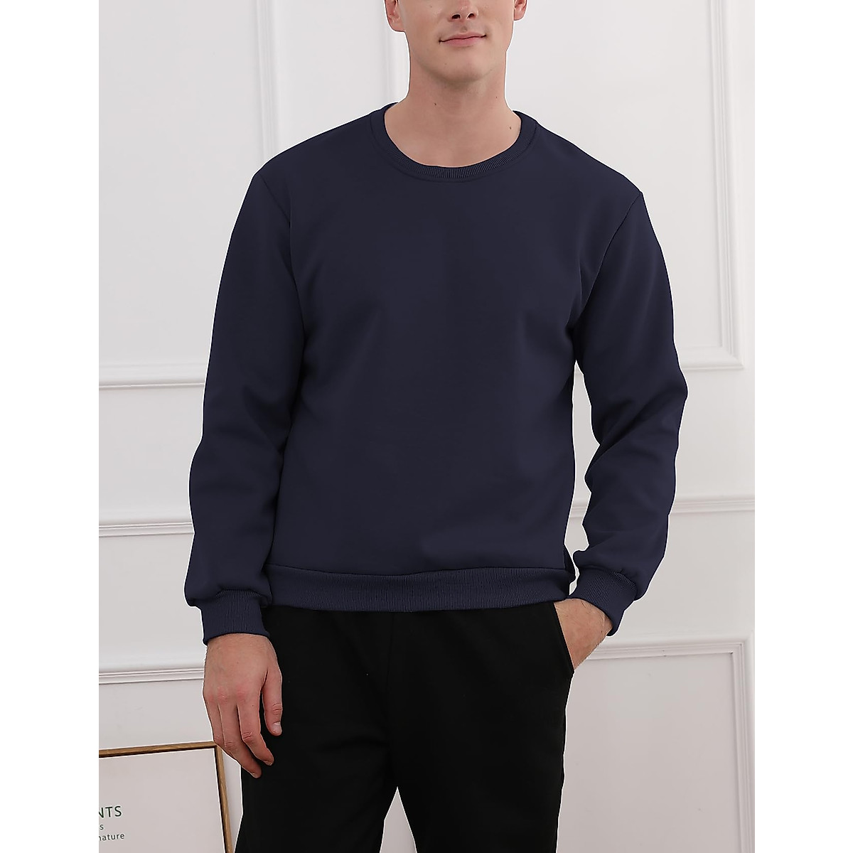 Gihuo Men's Warm Crewneck Sweatshirt Winter Sherpa Lined Fleece Sweatshirt Athletic Pullover Tops Loungewear (Navy, S)