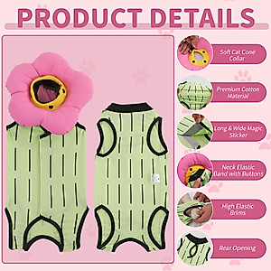 EMUST 2PCS Cat Recovery Suit and Cat Cone Collar Female, Cute Cat Surgical Suit for Abdominal Wounds or Skin Diseases, Adjustable Flower Neck Cat Cone Collar Soft for Cats 4-8lb(Green, M)