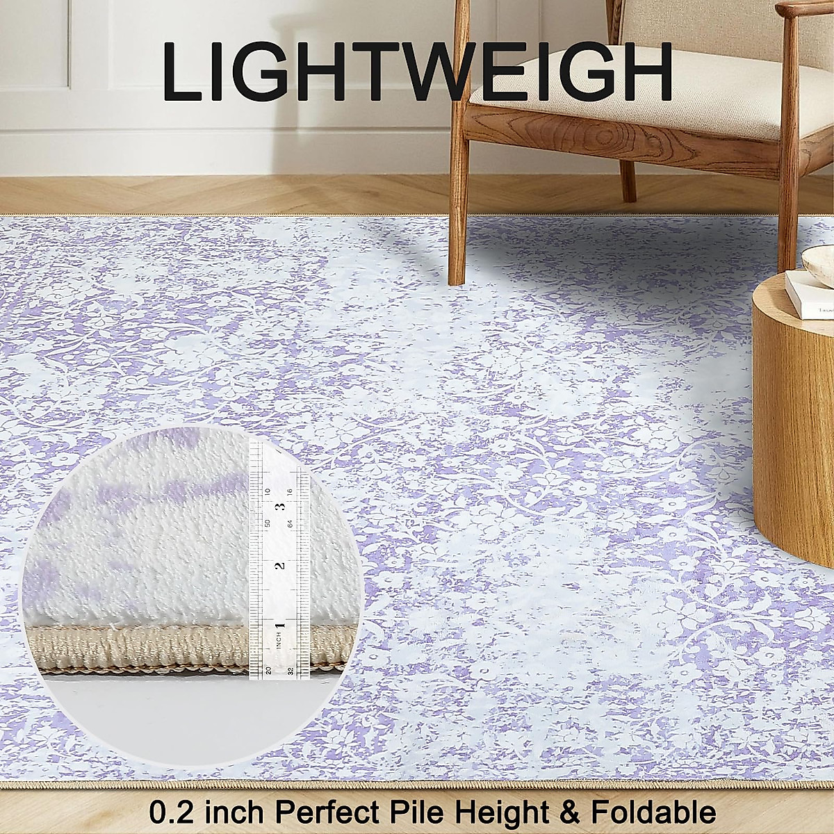 DUKINO Washable Area Rug 5x7, Boho Low-Pile Rugs for Living Room, Non Slip Rubber Backing Carpet, Soft Vintage Nursery Rug for Living Room, Bedroom, Dining Room, and Office - Purple