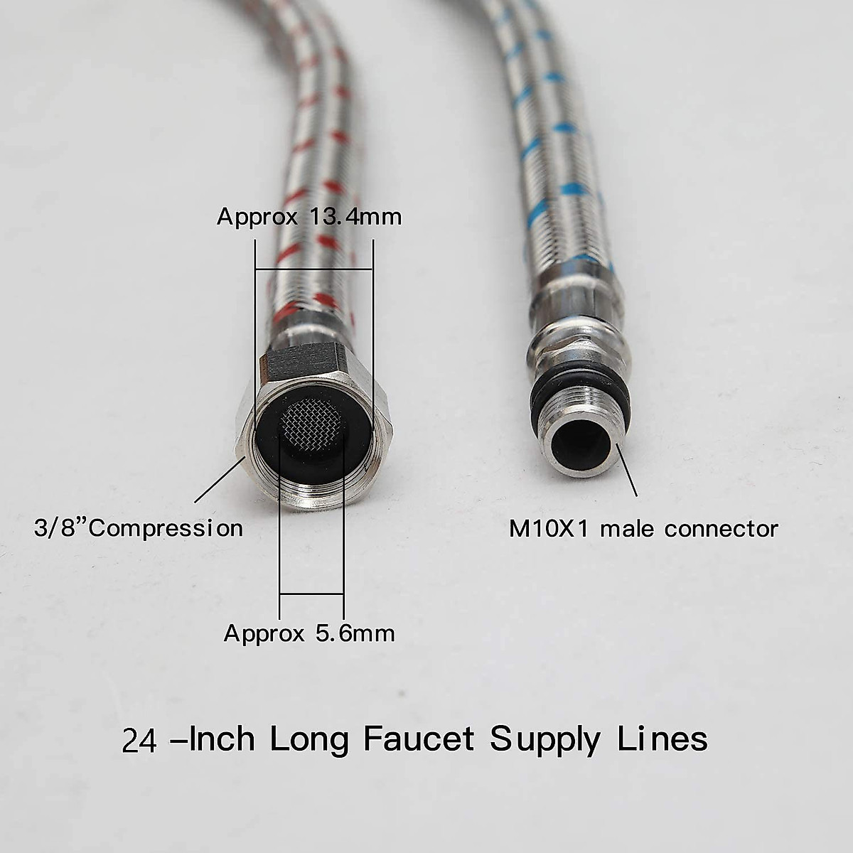 Homevacious 24-Inch Long Bathroom Kitchen Faucet Connector Braided Supply Hose 3/8-Inch Stainless Steel Female Compression Thread x M10 Male Connector, x 2 Pcs(1 Pair)