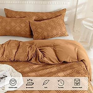 JELLYMONI Duvet Cover Queen, Rust Microfiber Tufted Duvet Cover Set, Boho Textured Duvet Cover Jacquard Rhombus Geometric Pattern Duvet Cover with Corner Ties & Zipper Closure