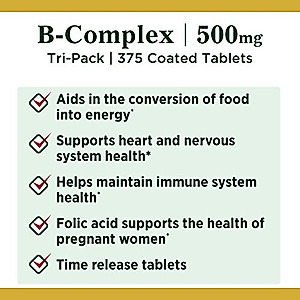 Vitamin B-Complex by Nature's Bounty, Time Released Vitamin Supplement w/ Folic Acid Plus Vitamin C, Supports Energy Metabolism and Nervous System Health, 125 Tablets (Pack of 3)
