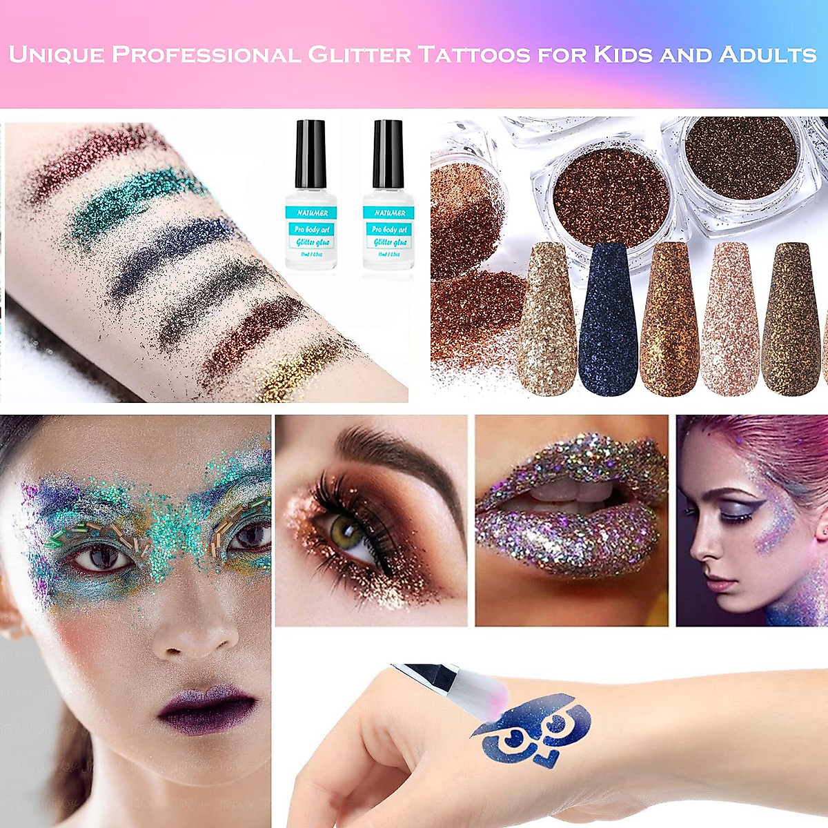 Glitter Tattoos Kit 48 Colors Waterproof Temporary Tattoos with 203 Stencils, 5 Brushes 4 Glue, Body Nail Art, Body Glitter Festival Party (48 Colors)