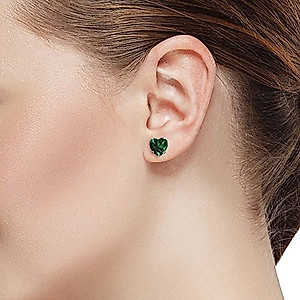Gem Stone King 10K White Gold Green Simulated Emerald Stud Earrings For Women (1.36 Cttw, Heart Shape 6MM)