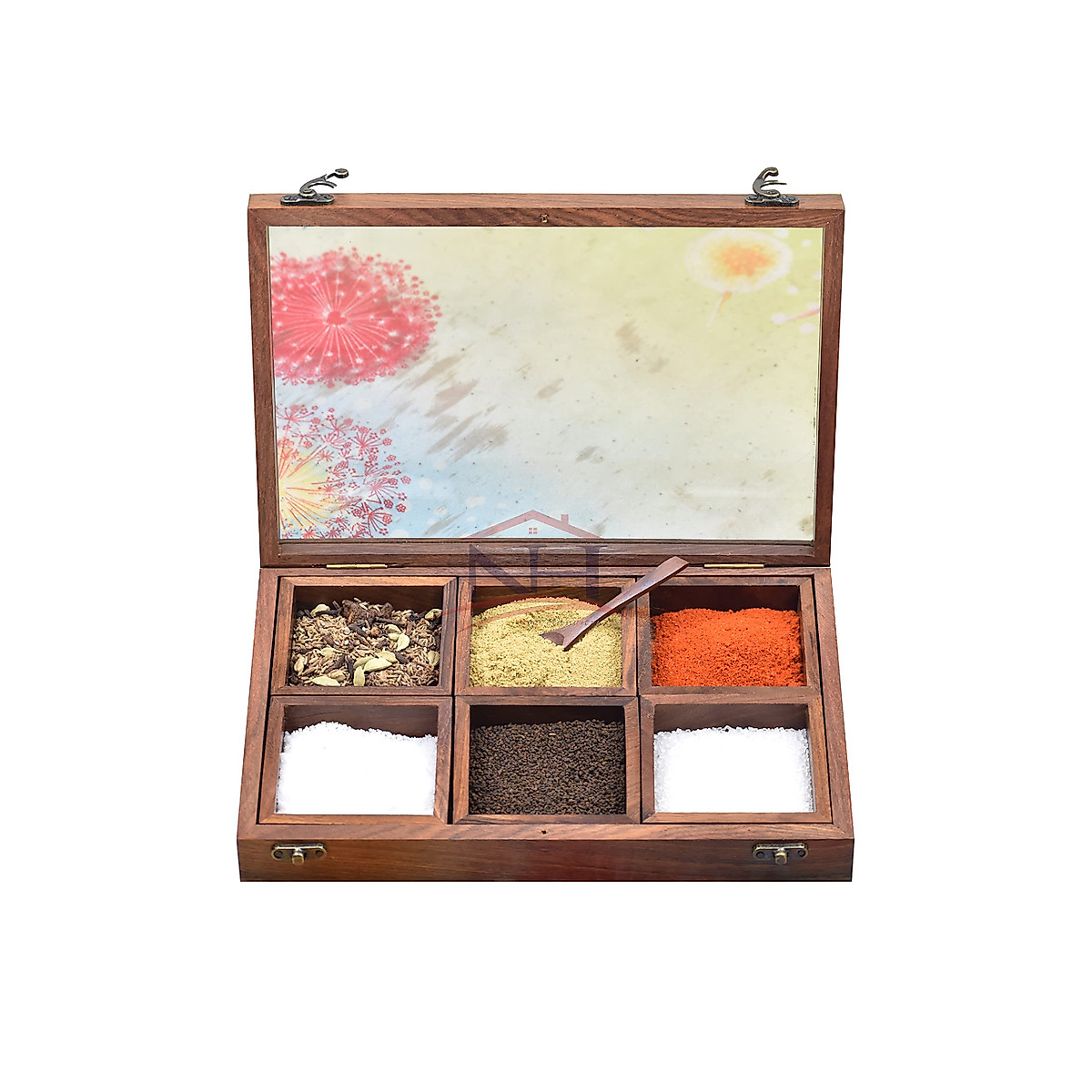 Mahak Nisar Timber '‘Six Blends' Wooden Spice Boxes 06 Containers Box with Spoon in Sheesham Wood Spice jar for Kitchen Multipurpose Decorative Boxes Spice Box