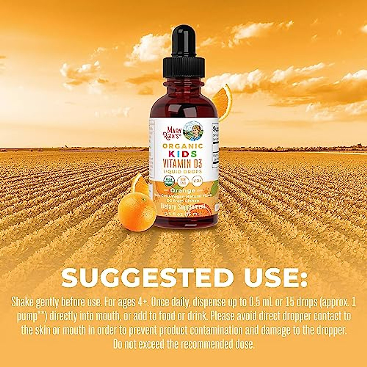 MaryRuth Organics USDA Organic Vitamin D3 Liquid Drops for Kids | 640 IU Vitamin D3 Per Serving | Kids Immune Support & Bone Health Supplement | Formulated for Ages 4-13 | 0.5oz | 30 Servings