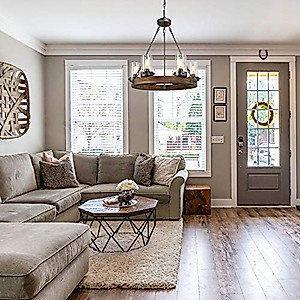 GEPOW Farmhouse Wood Chandelier, Round Wagon Wheel Light Fixture with Seeded Glass Shades for Dining Room, Living Room, Bedroom, Kitchen Island and Foyer