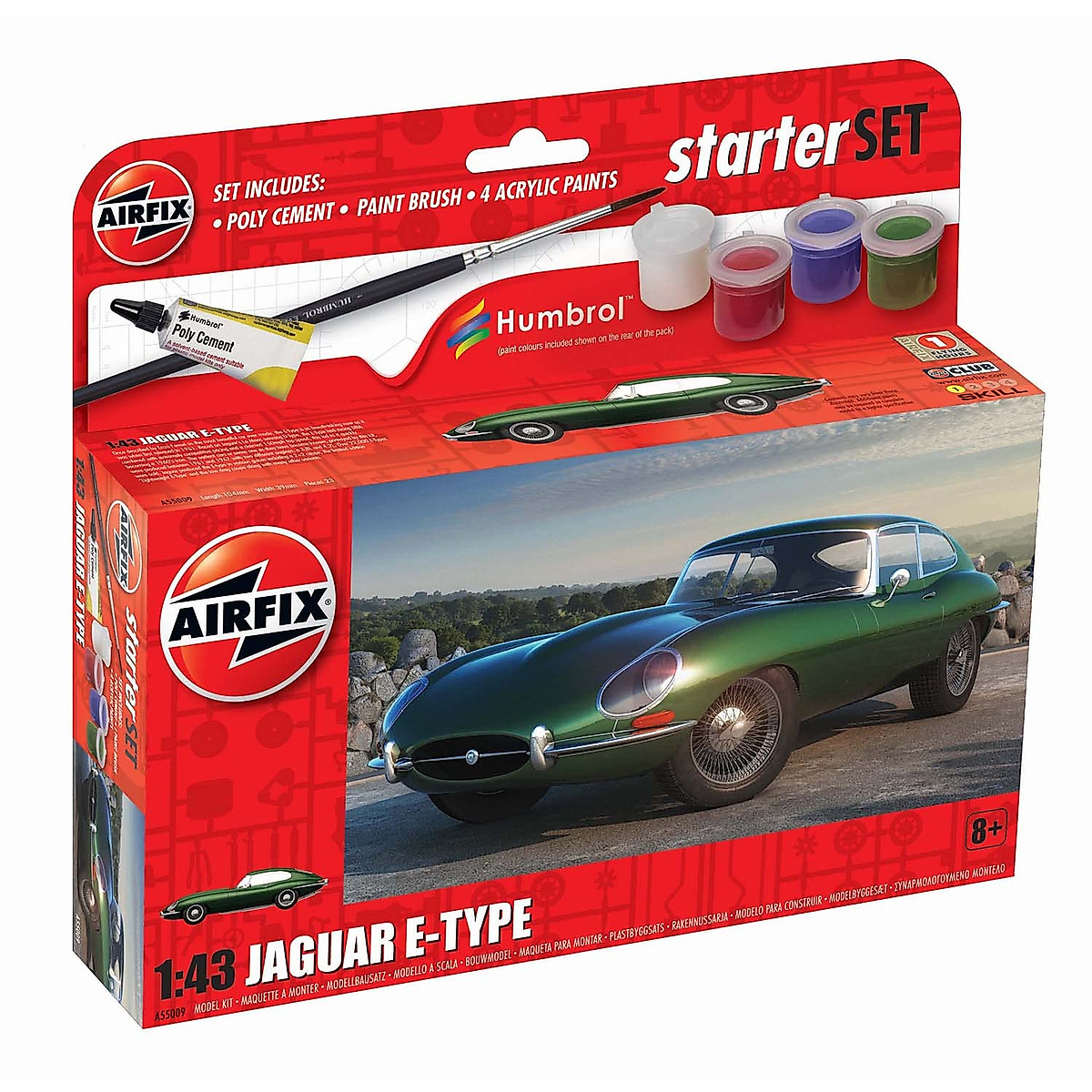 Airfix Starter Set Model Kit Car - A55009 Jaguar E-Type - 1:43 Scale Plastic Model Car Kits, Model Cars to Build and Paint for Adults & Kids 14+, Includes Paints - Mens Hobbies Kits, Skill Lvl. 1