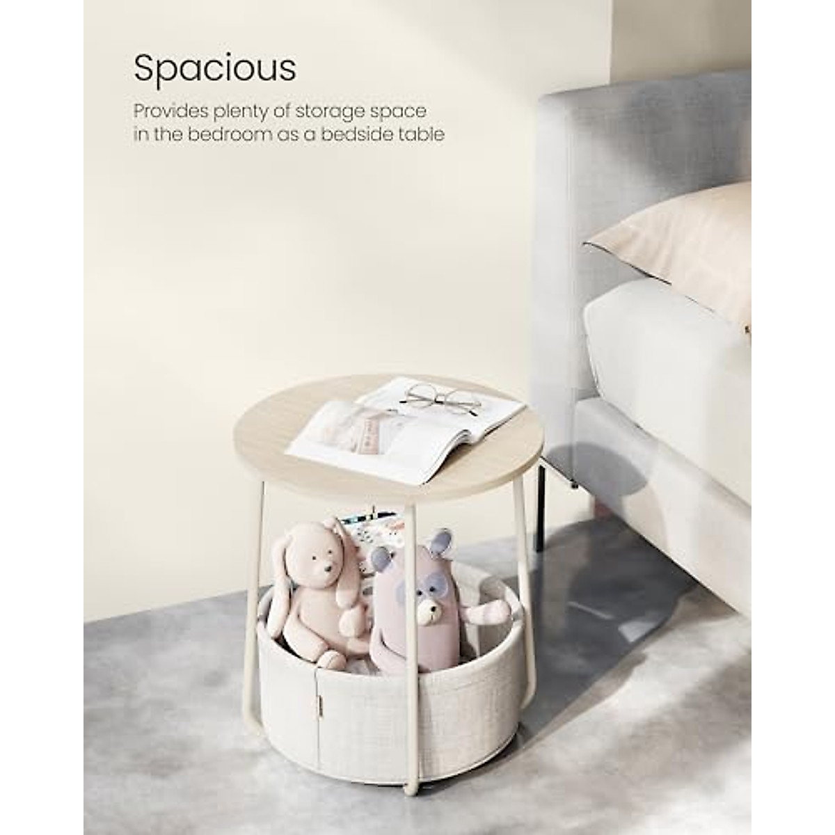 VASAGLE End Table, Small Bedside Table with Fabric Basket, Modern Nightstand, Round Side Table, for Living Room, Bedroom, Cream White ULET223K67