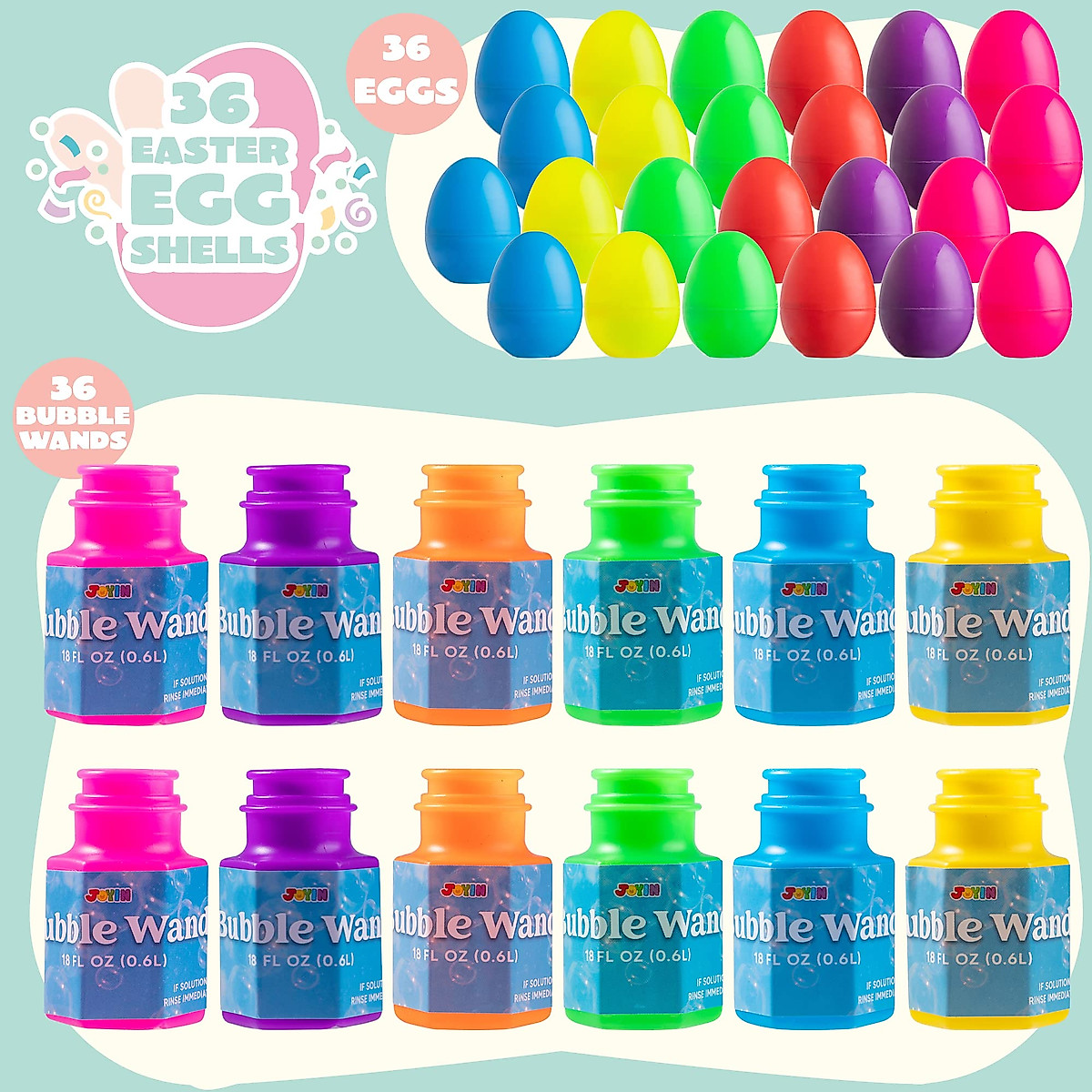 JOYIN 36 Pcs Easter Eggs Bubble Wands for Kids Prefilled Easter Eggs with Toys Inside for Basket Stuffers, Easter Children Fun, Hunt Game, Easter Décor Gifts and Party Favors