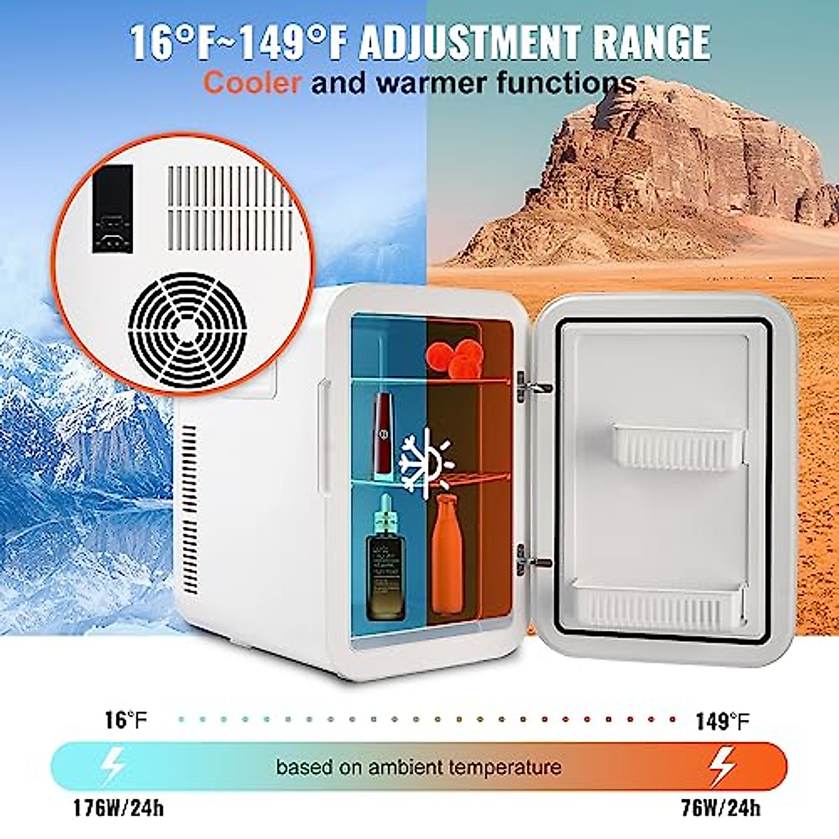 VEVOR Mini Fridge, 20L Skincare Fridges with Temper Control Touch Screen, Portable Small Beverage Refrigerator for Bedroom Office Car Dorm, AC/DC Cool Warmer for Cosmetic Drink Milk, White