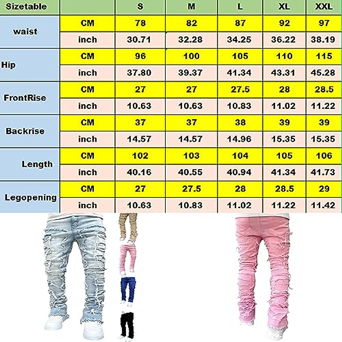 Giraropa Mens Black Stacked Jeans Slim Fit Skinny Ripped Jeans Destroyed Straight Denim Pants Harajuku Hip Hop Trousers Streetwear (Light Blue, S)