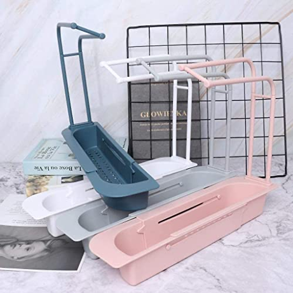 2 Pack Updated 2-in-1 Telescopic Sink Holder Rack Sink Organizer Expandable Storage Drain Basket Rack Sponge Soap Holder Drainer Sink Tray Adjustable Faucet Clip Drain Basket Rack for Home,Kitchen