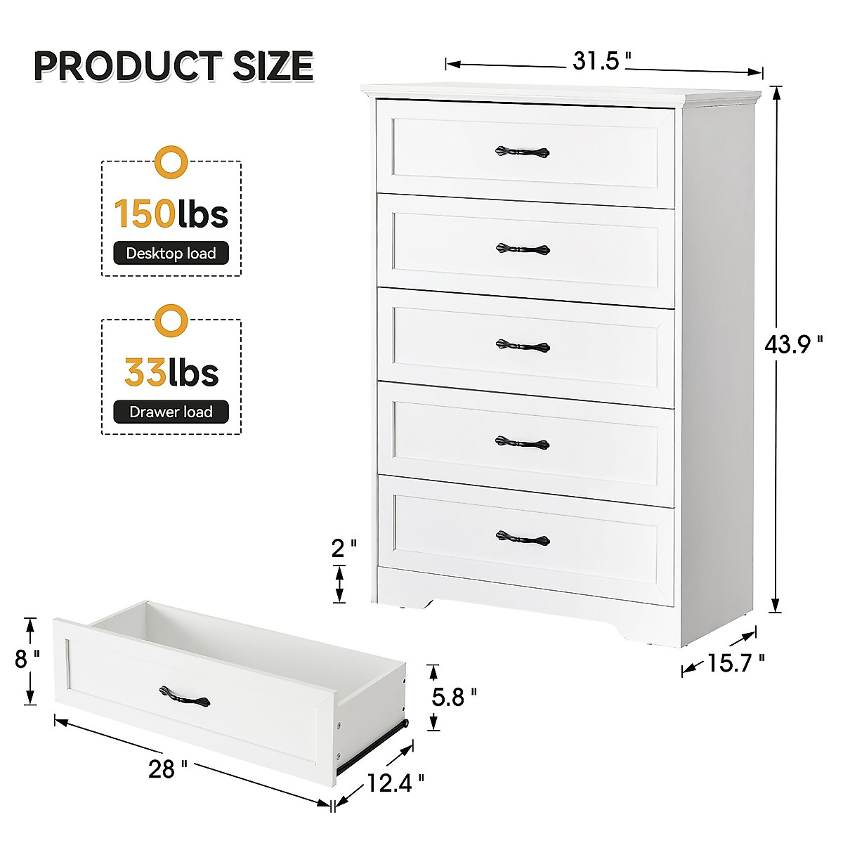 coucheta 5 Drawers Dresser, Chest of Drawer with Metal Handle, Modern Dresser with Large Storage Space, Farmhouse Wood Dresser for Bedroom, Living Room, Hallway, White