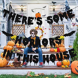 There's Some Horrors In This House Banner Black Glitter - Halloween Horror Party Banner Decorations for Home Office Fireplace Mantle Halloween Haunted House Decorations Halloween Bat Decor
