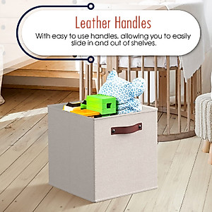Ornavo Home 13 x 13 Storage Cube Bins, Foldable Collapsible Fabric Storage Bins Box Linen Shelf Basket Cube Organizer for Closet with Leather Handles, 6 Pack, Beige