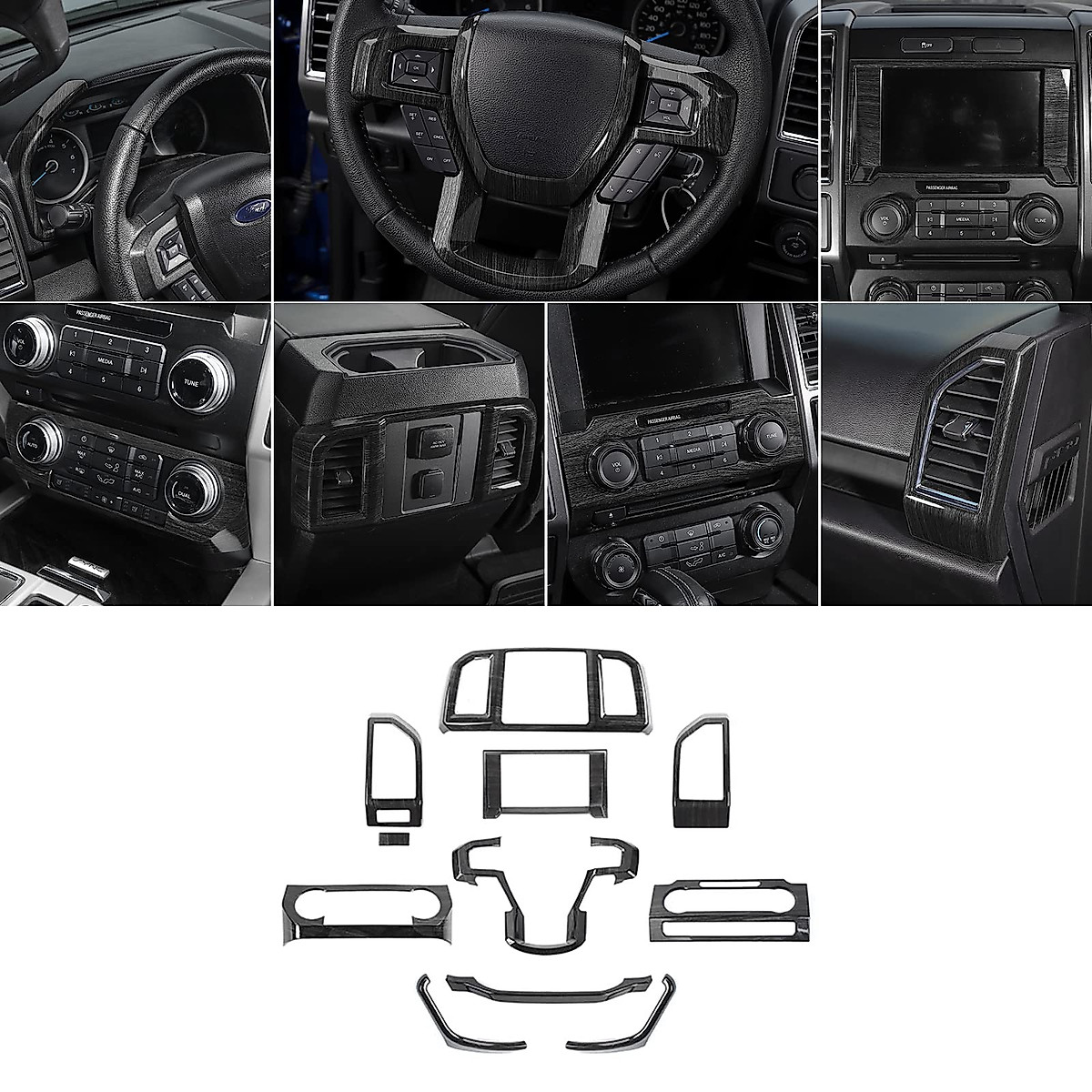 Hoolcar Interior Center Console Dashboard Navigation Trim Cover Kit ABS Accessories for 2015-2020 Ford F150, Black Wood Grain