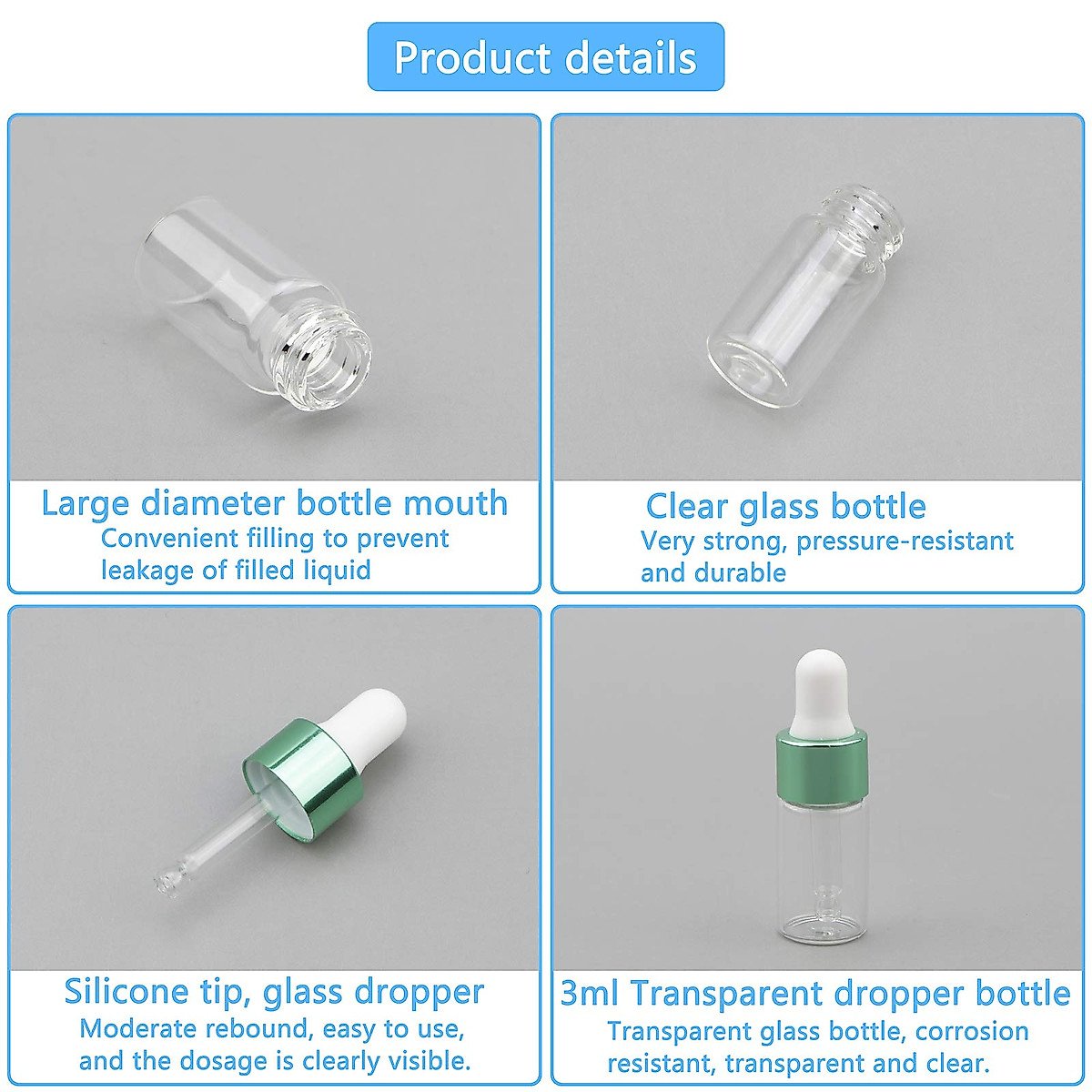 Newzoll 3ml Eye Dropper Bottles with Funnel, 18Pcs Clear Mini Glass Dropper Bottles Essential Oil Bottles Perfume Sample Vials Refillable Liquid Cosmetic Containers, Green Cap