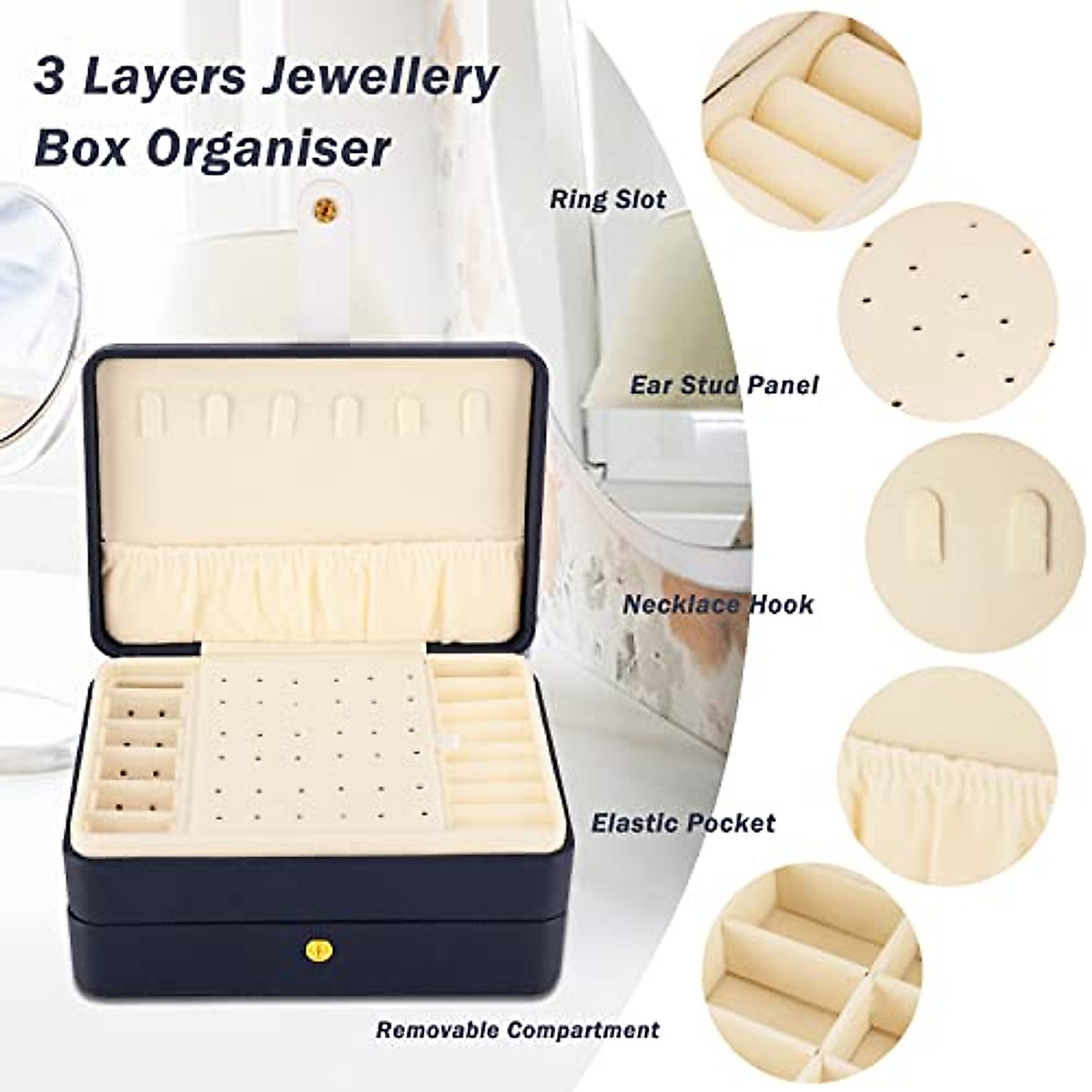 Jewelry Organizer Box, Number-one 3 Layers Medium Travel Jewelry Case PU Leather Portable Jewellery Box Gift for Women Girls Girlfriend, Storage Holder for Rings Earring Necklace Bracelet Watches,Blue