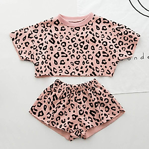 Toddler Baby Girls Leopard Print Summer Clothes Set T-Shirt and Short Pants 2pcs Outfits (1-Pink, 2T)
