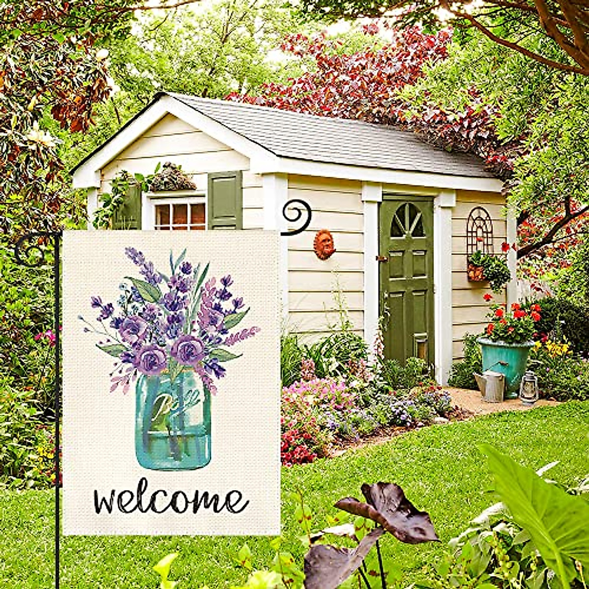 AVOIN colorlife Welcome Watercolor Flower Lavender Vase Garden Flag Double Sided, Spring Summer Holiday Yard Outdoor Flag 12 x 18 Inch