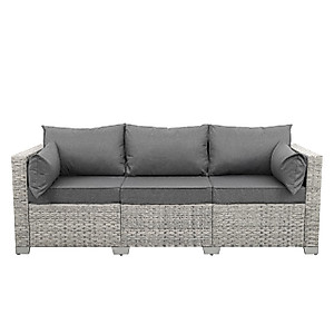 WAROOM Outdoor Couch 3 Seater Wicker Patio Sofa Grey Rattan Deep Seat Balcony Furniture Porch Seating with Grey Cushion