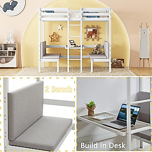 Metal Loft Bed Twin Size, Twin Loft Bed with Desk and Bench, Twin Size Loft Bed Turn into Twin Bunk Beds, Twin Loft Bed with Ladder and Full-Length Guardrail(Cushion Sets are Free), Twin White