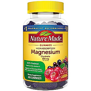 Nature Made High Absorption Magnesium Glycinate Gummies 100 mg per Serving, Muscle, Nerve, Bone and Heart Support, Magnesium Supplement, 40 Magnesium Gummies, 20 Day Supply