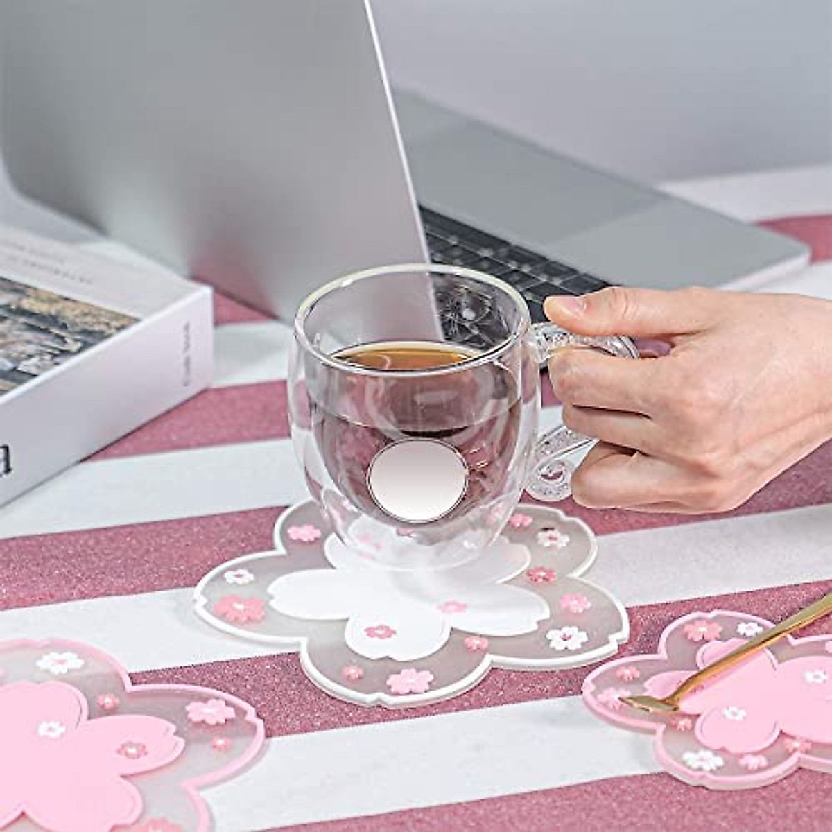 2Pcs Cherry Blossom Coasters for Coffee Table - Heat Resistant Cherry Blossom Decor Non Slip Mat Clear Coasters Table Cup Mat Coffee Mat Gift - Cute Coasters for Drinks Set of 2 for Home, Office, Bar