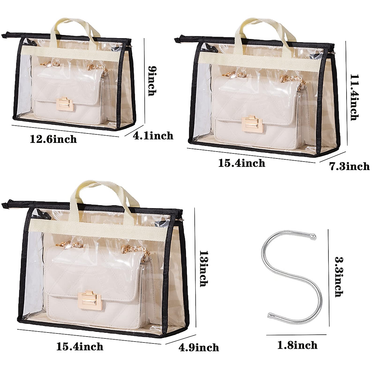 DOUBFIVSY 6 Pack Handbag Dust Bags, Transparent Handbag Storage Organizer Clear Purse Dust Cover for Closet Purse Protector Storage Bag with Zipper, Handles, 6pcs S Shaped Hooks (4)