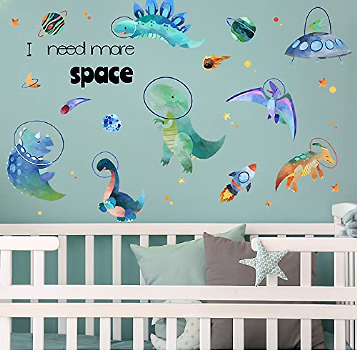 Yovkky Boys Space Dinosaurs Astronauts Wall Decal, Funny Peel Stick Dino Animal Planet Stickers Nursery Spaceship Rocket Decor, Home Baby Room Decorations Kids Bedroom Playroom Art Party Supply Gift